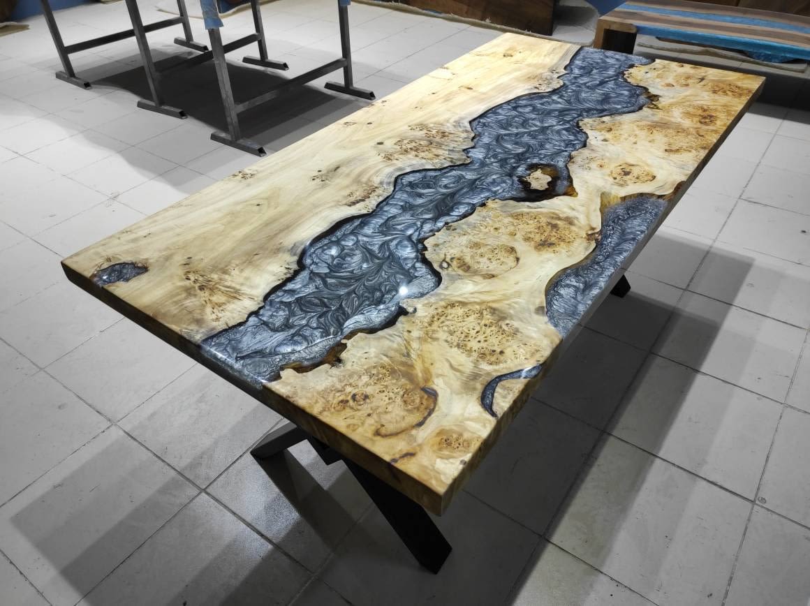 Living Edge River Resin Dining Table, Swamp Oak Metallic by ...