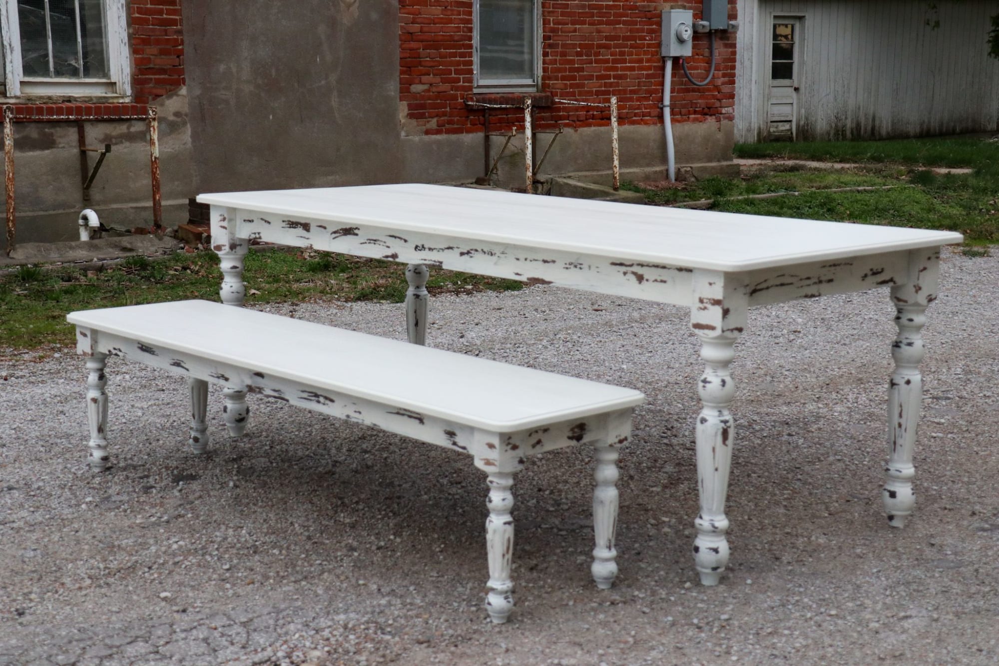 White Farmhouse Dining Table & Bench with Distressed Legs by Hazel Oak ...