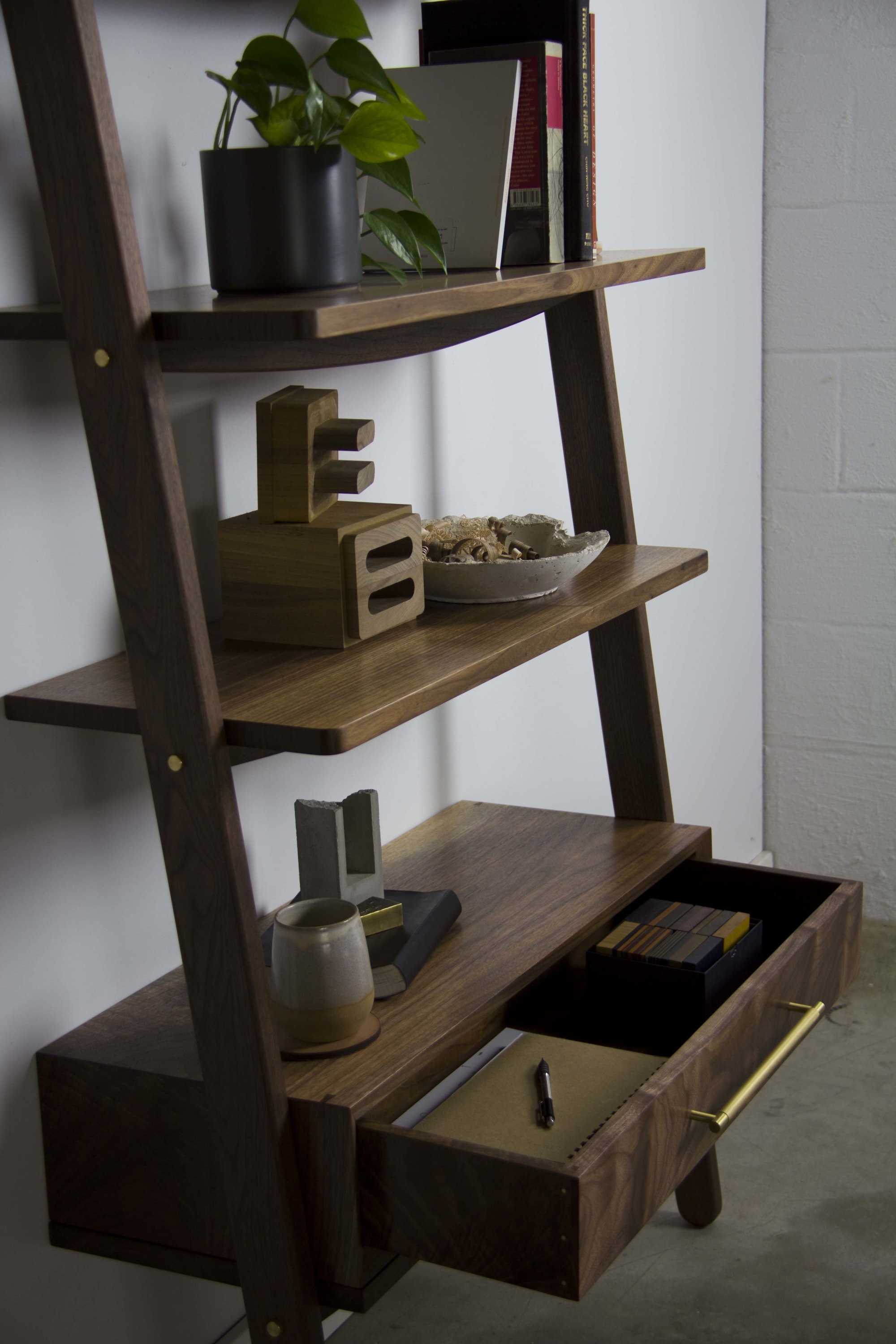 Mid Century Modern Walnut Ladder Shelf with Drawer by LIRIO Design ...