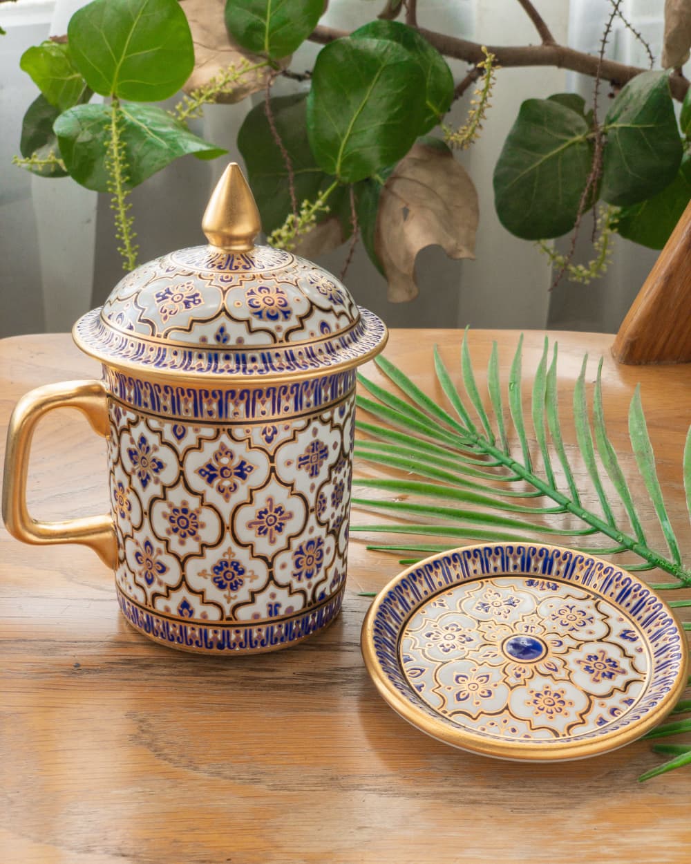 Gold Accented Coffee Mug Set: Hand-Painted with Lid & Saucer by Artisan ...