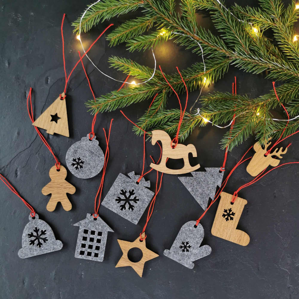 Christmas Decorations from wood and felt. Set of 6-12 pcs. by DecoMundo ...