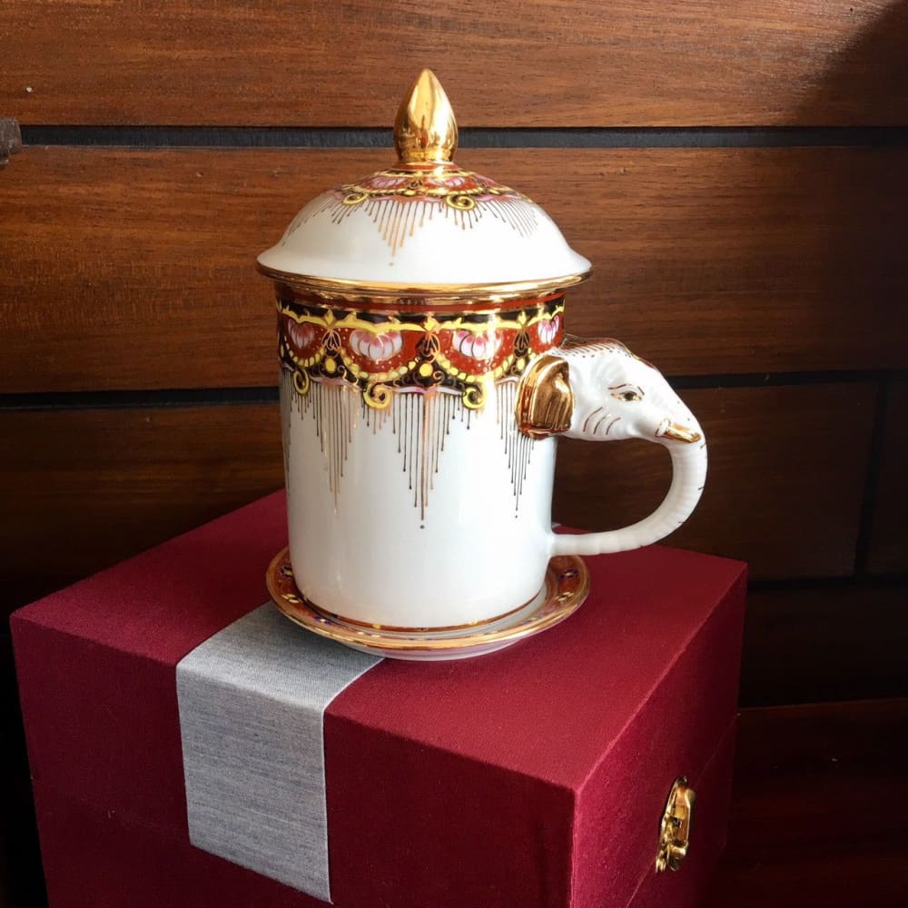 Elephant Mug with Lid & Saucer: Hand-Painted, Gold Accents by Artisan ...