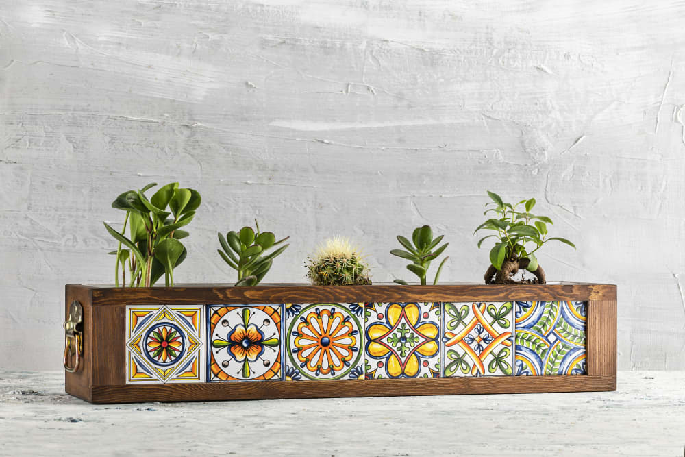 Wooden Planter with 6 Mexican Tiles, Indoor and Outdoor by Halohope ...