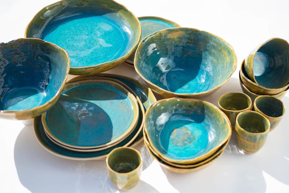 Range of tableware in Turquoise. Plates, cups, bowls, presentation ...