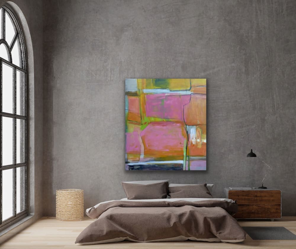 Joyful abstract oil painting on canvas in pink, orange by Trudie Tara ...
