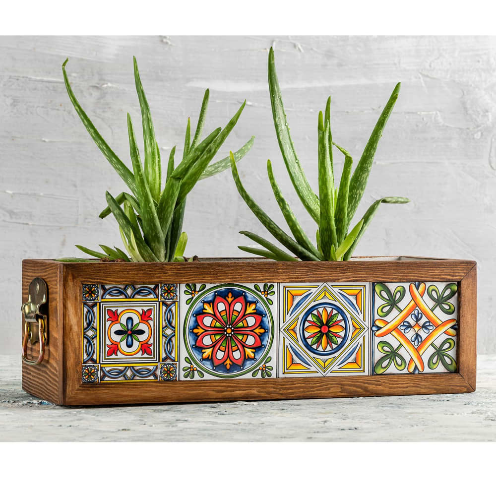 Wooden Planter Box with Mexican Tiles, Indoor and Outdoor by Halohope ...