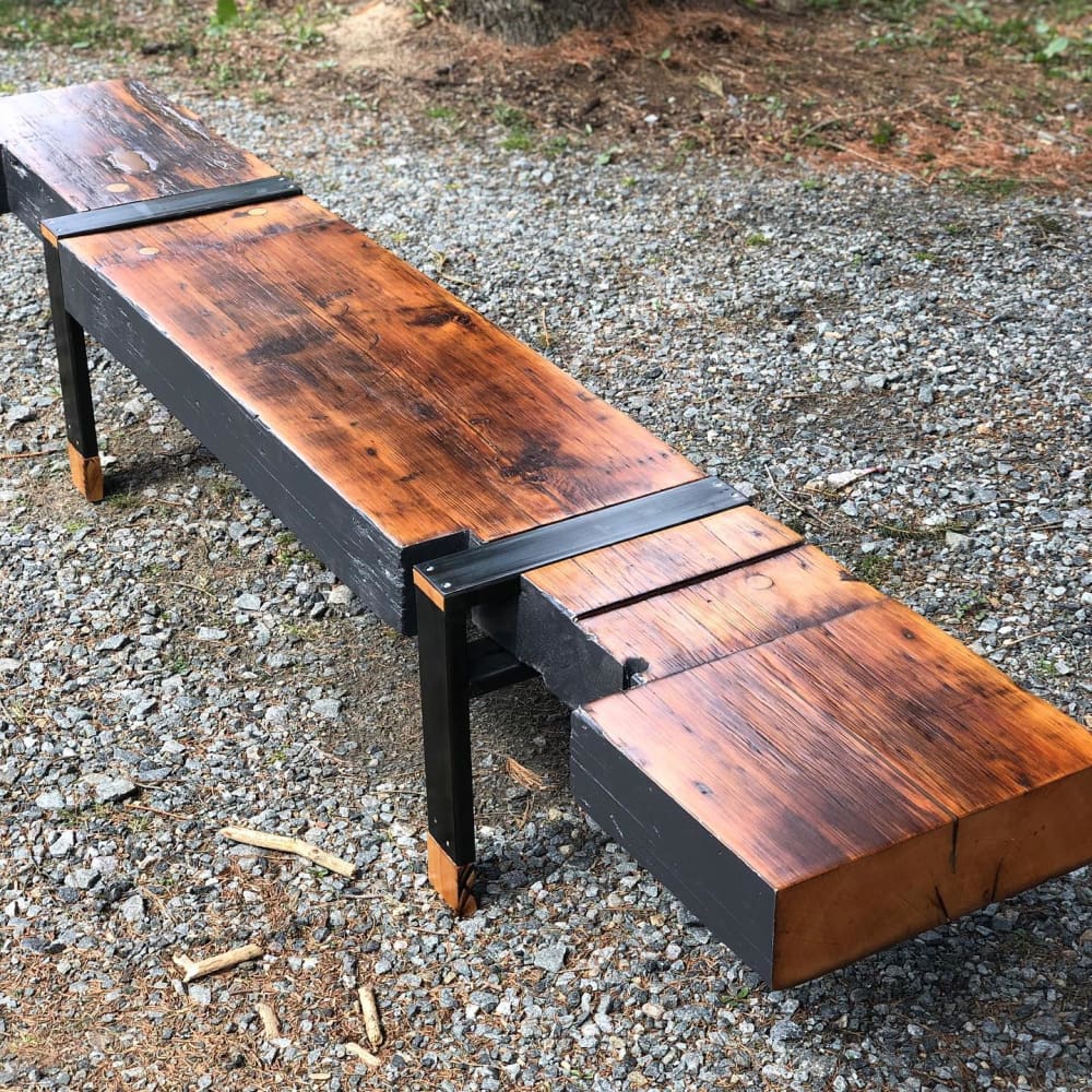 Outdoor Bench made using reclaimed barnwood flooring with blackened ...