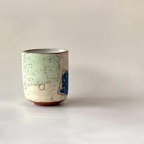 Handmade Tall Tea Cup, Yunomi with Abstract Drawings by cursive m ...